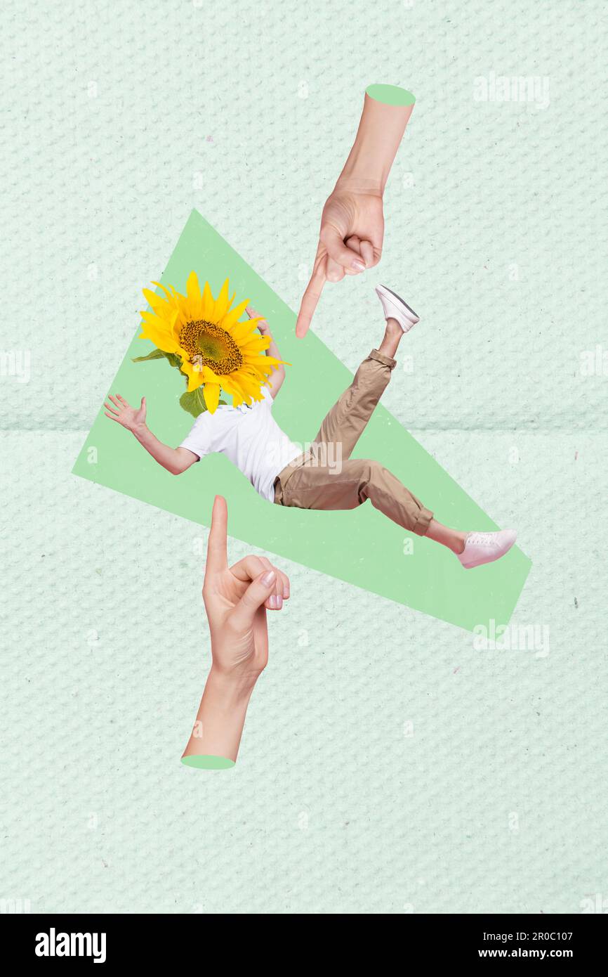 Vertical collage picture of two arms point fingers falling mini guy ...