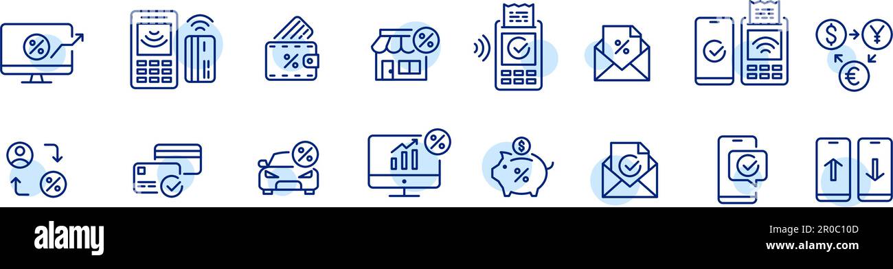 Financial icons. Contactless payment, savings, p2p transactions and ...