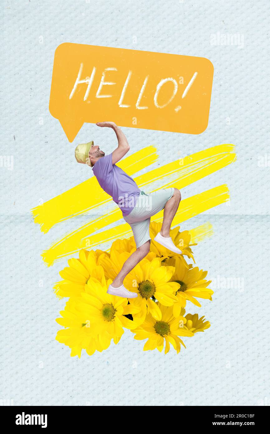 Vertical collage image of mini funny guy stand daisy flowers arms hold ...