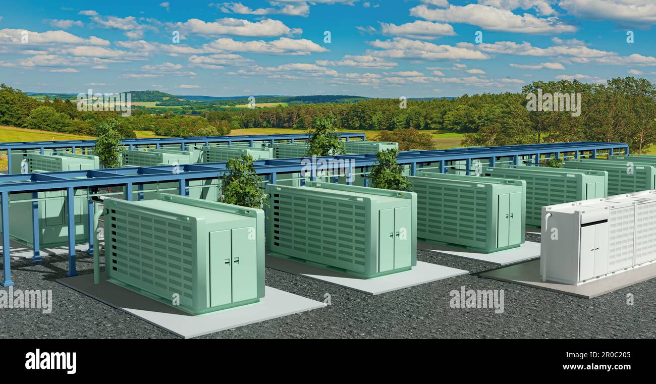 A modern battery storage in the nature, 3D illustration Stock Photo - Alamy