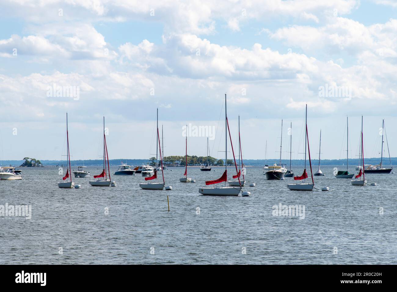 Greenwich, CT-August 2022; View over the water of Greenwich Harbor and ...