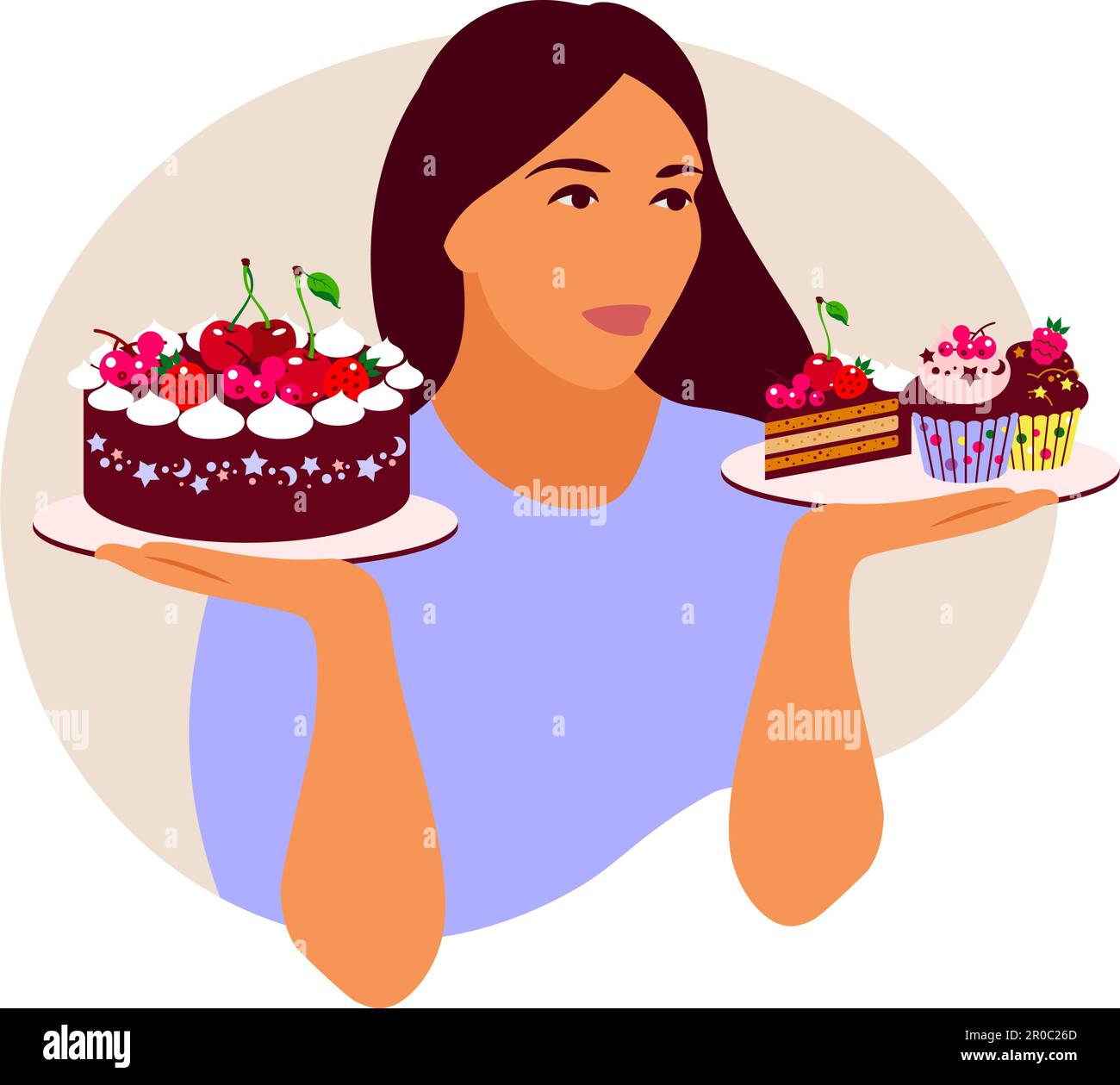 Eating disorder concept. Woman greedily devouring cake and cupcake ...