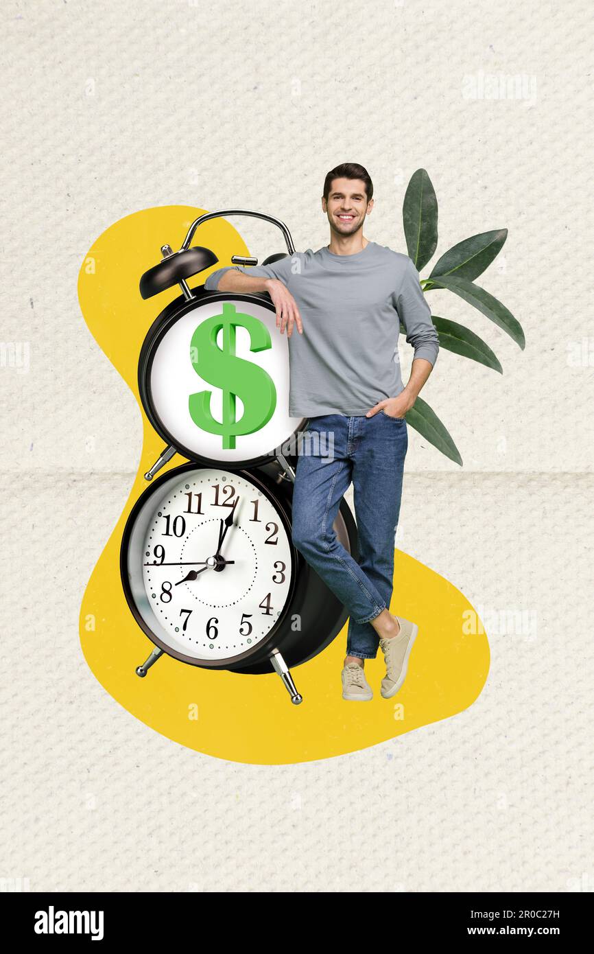 Vertical collage picture of positive mini guy big bell ring clock ...