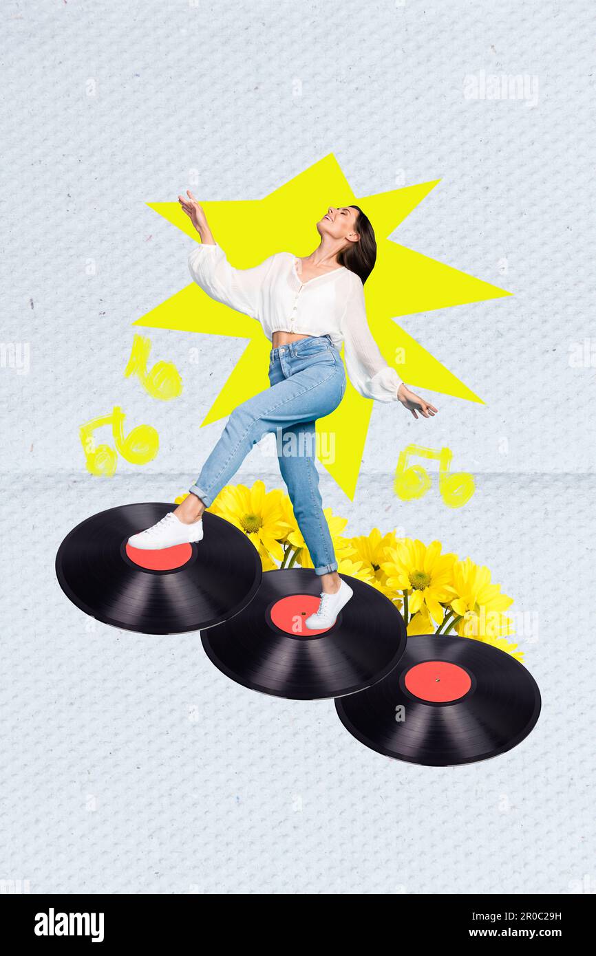 Creative vertical designed collage artwork young lady enjoy retro music ...