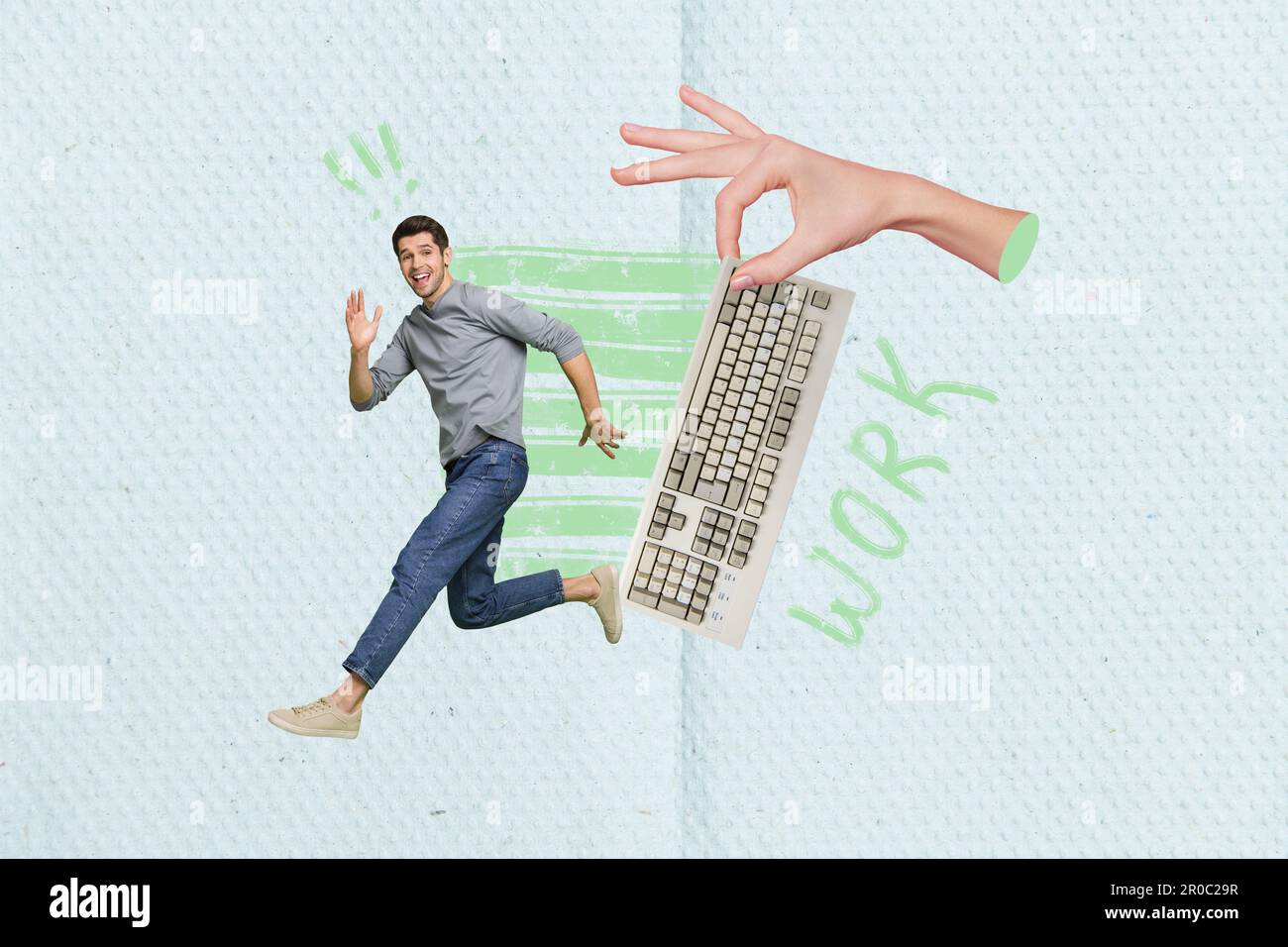 Creative collage photo of young funny employee guy running away ...