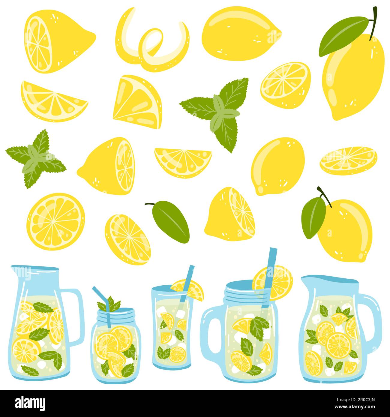Set of lemons and bottles with lemonade. Vector illustration of citrus ...