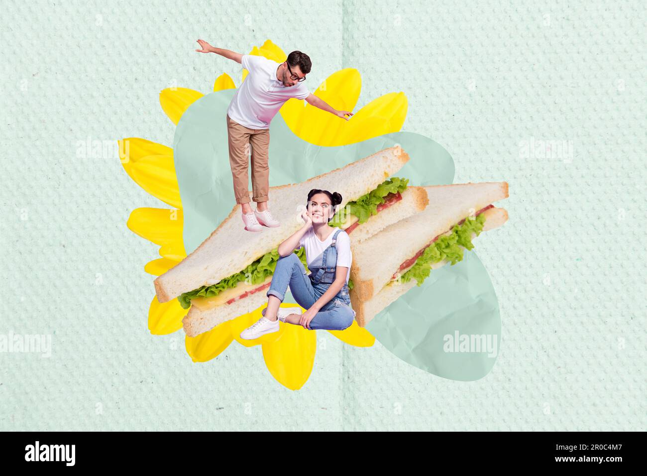 Collage portrait of two mini people stand balancing huge sandwich think ...