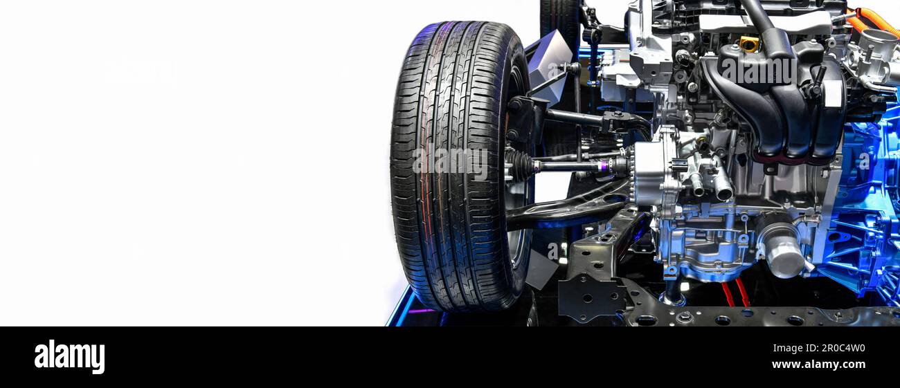View of car engine structure installed electric chassis mounted on ...