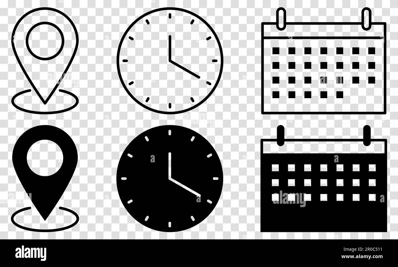 Time, date and address icons. Vector illustration isolated on ... Time, date and address icons. Vector illustration isolated on ...