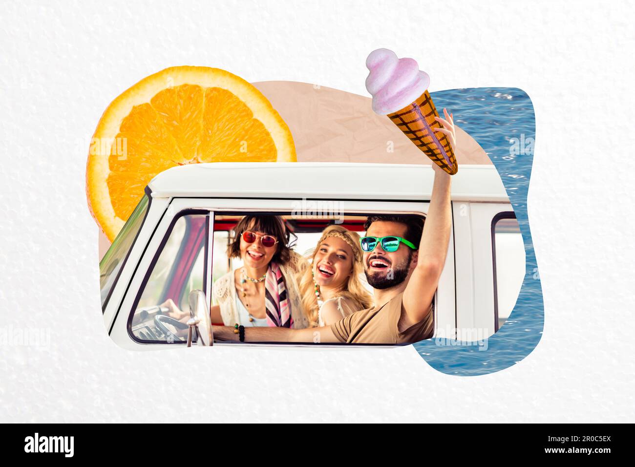 Creative Collage Portrait Of Positive Carefree People Drive Auto Hand
