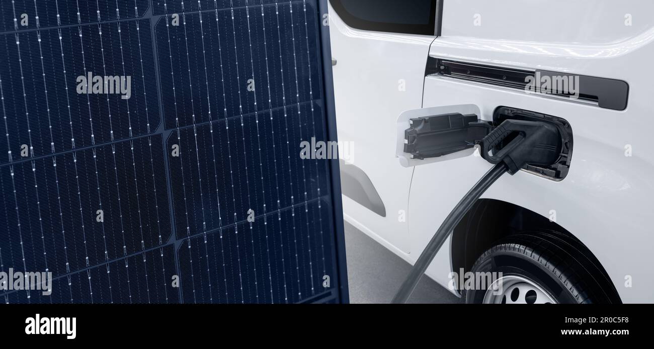 Electric van with charging station and solar panel. High quality photo ...