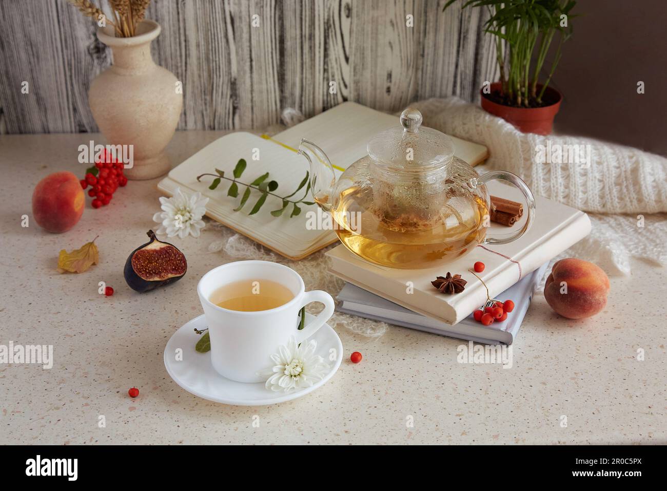 Cozy herbal organic linden tea in teapot and cup of tea. Dry fragrant ...