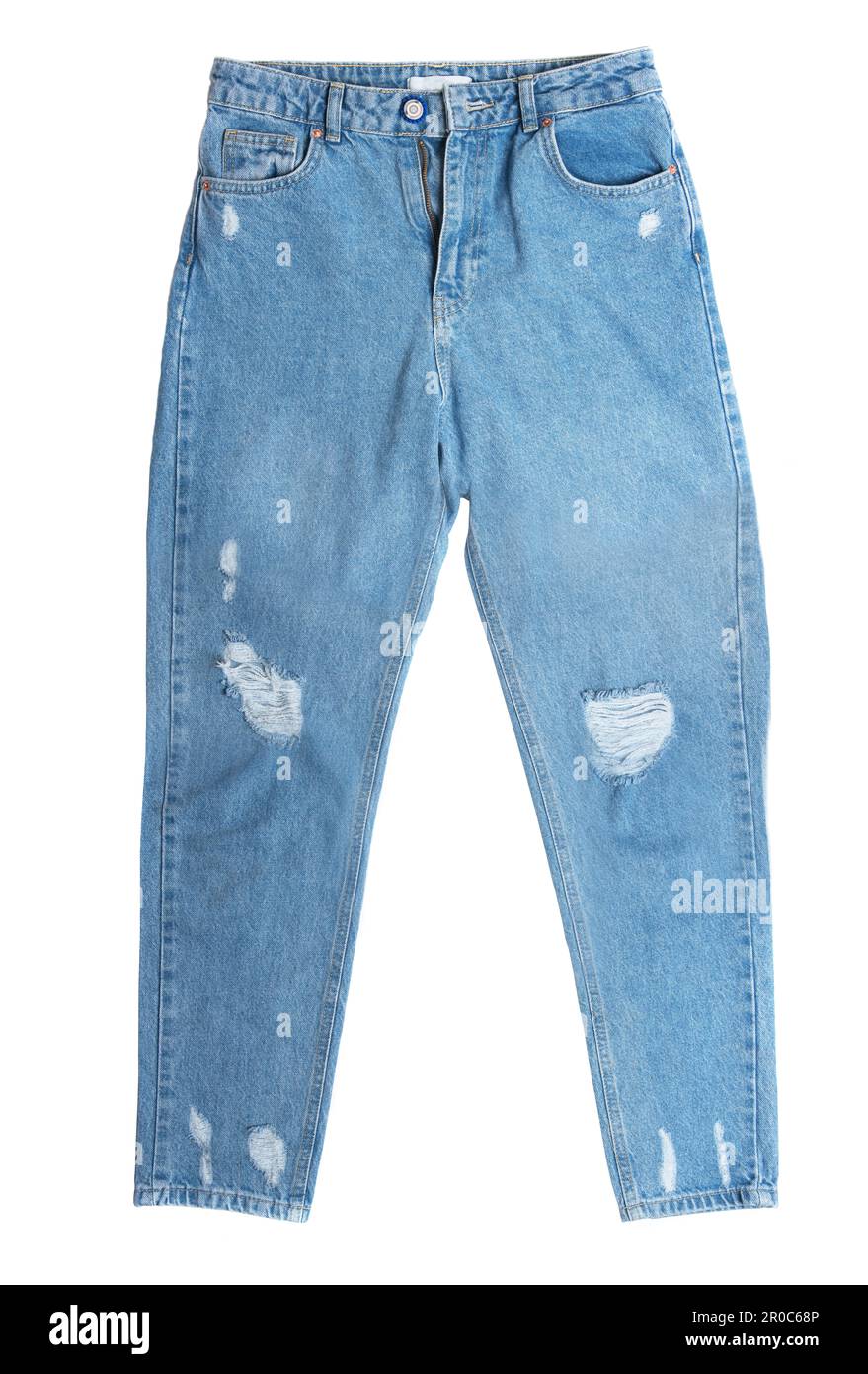 Women's denim jeans pants with scuffs on a white background isolated ...