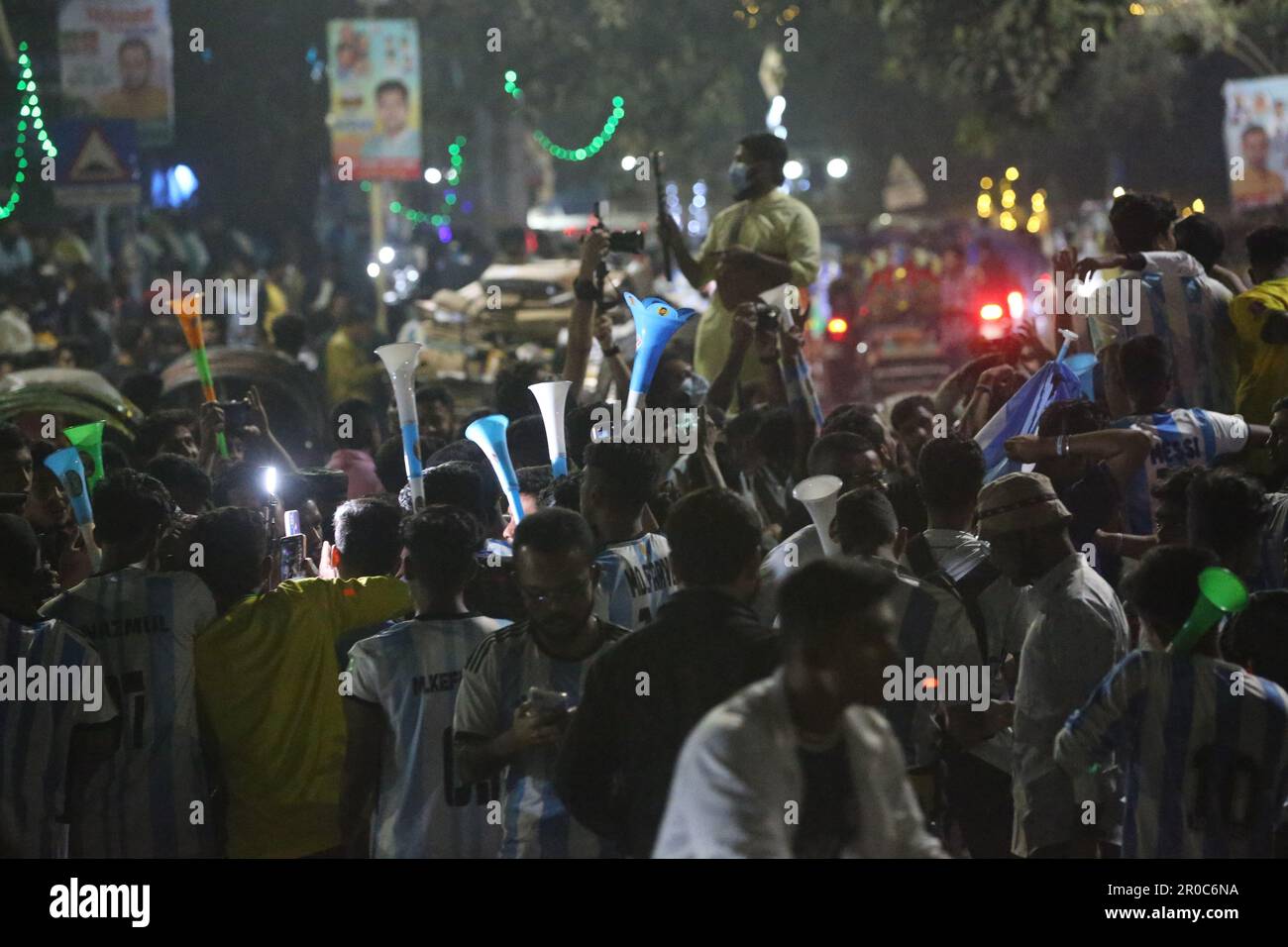 Crazy Argentina football fans of Bangladesh watching Argentina and Poland match at Dhaka ...