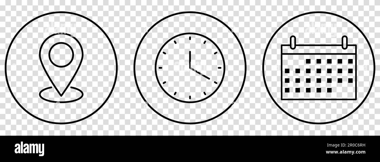 Time, date and address cirle line buttons. Vector illustration isolated ...