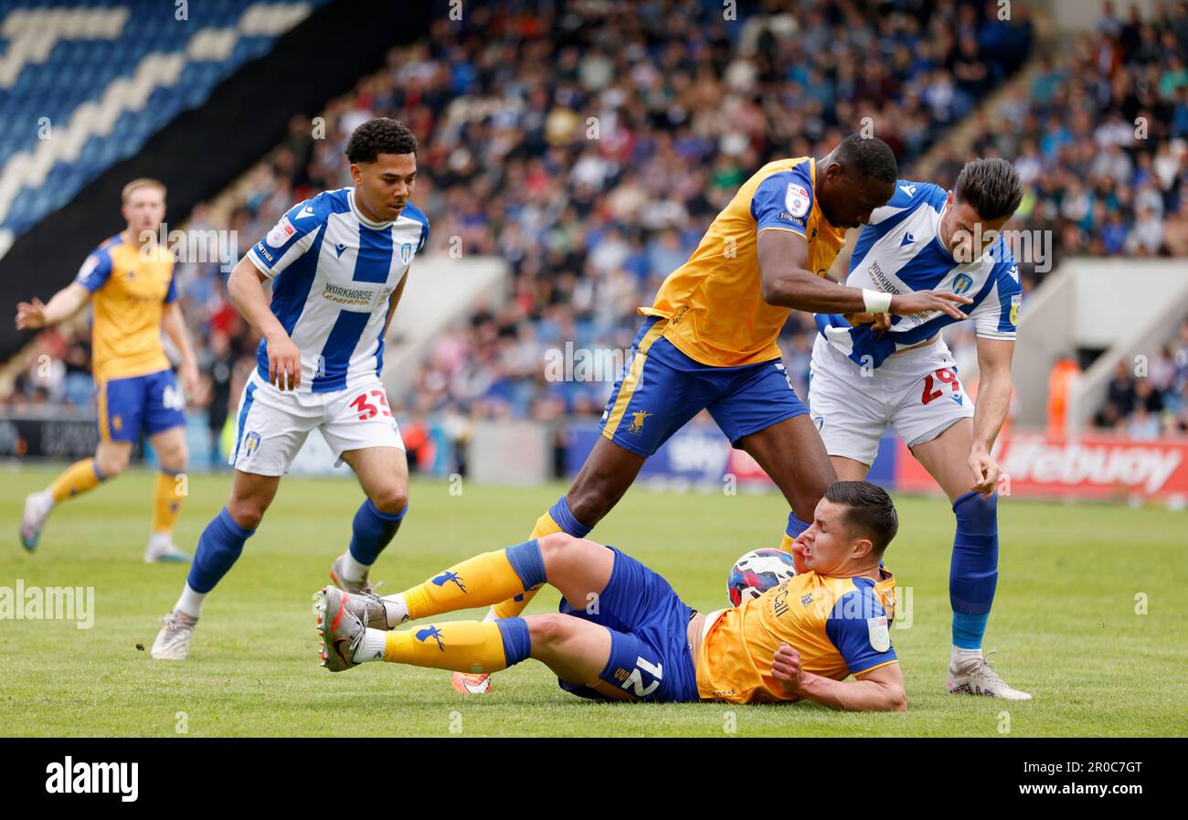 Mansfield Town's Lucas Akins (centre) and Callum Johnson (on ground ...