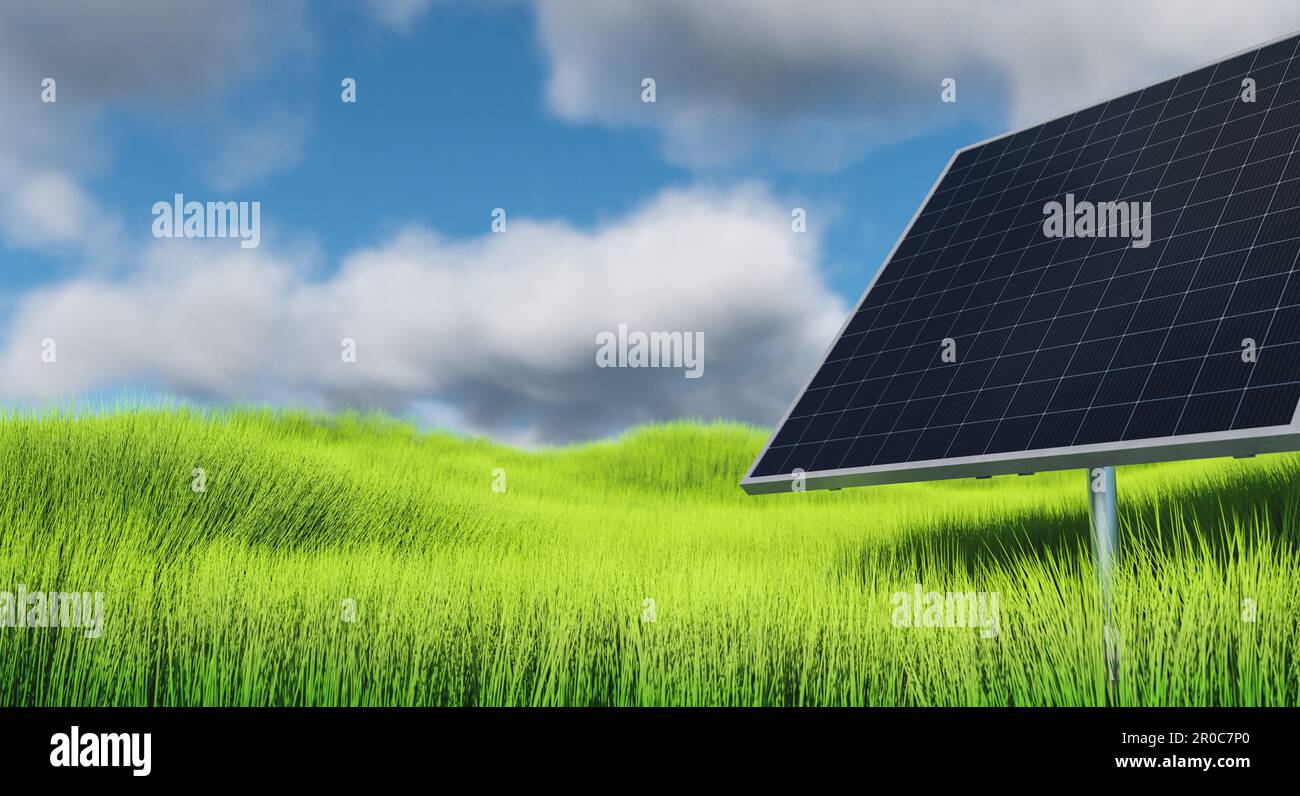 One square solar panel against the background of green grass and cloudy ...