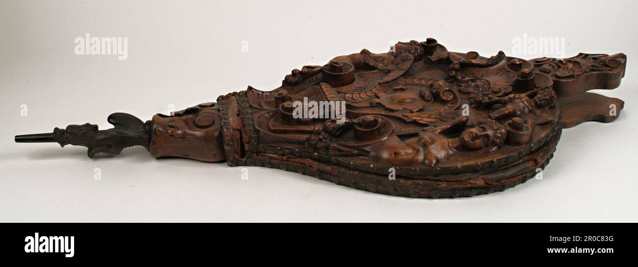 Bellows, 1500-1600. Pair of Italian, ornately carved walnut and bronze ...