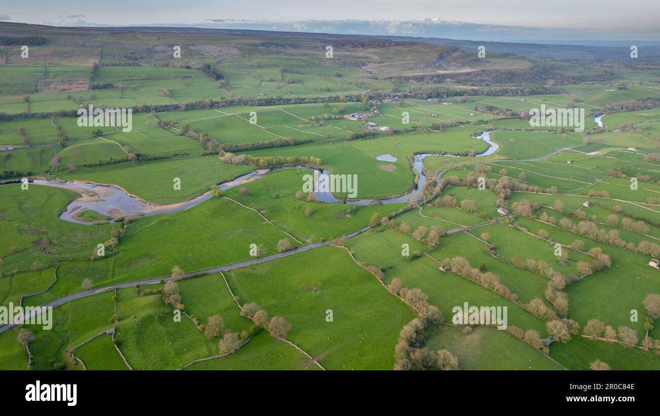 Aerial view of Wensleydale near Aysgarth, looking over farmland with ...