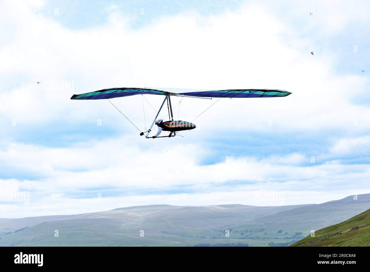 Hang gliders taking off from moorland above Hawes, Wensleydale, in the ...