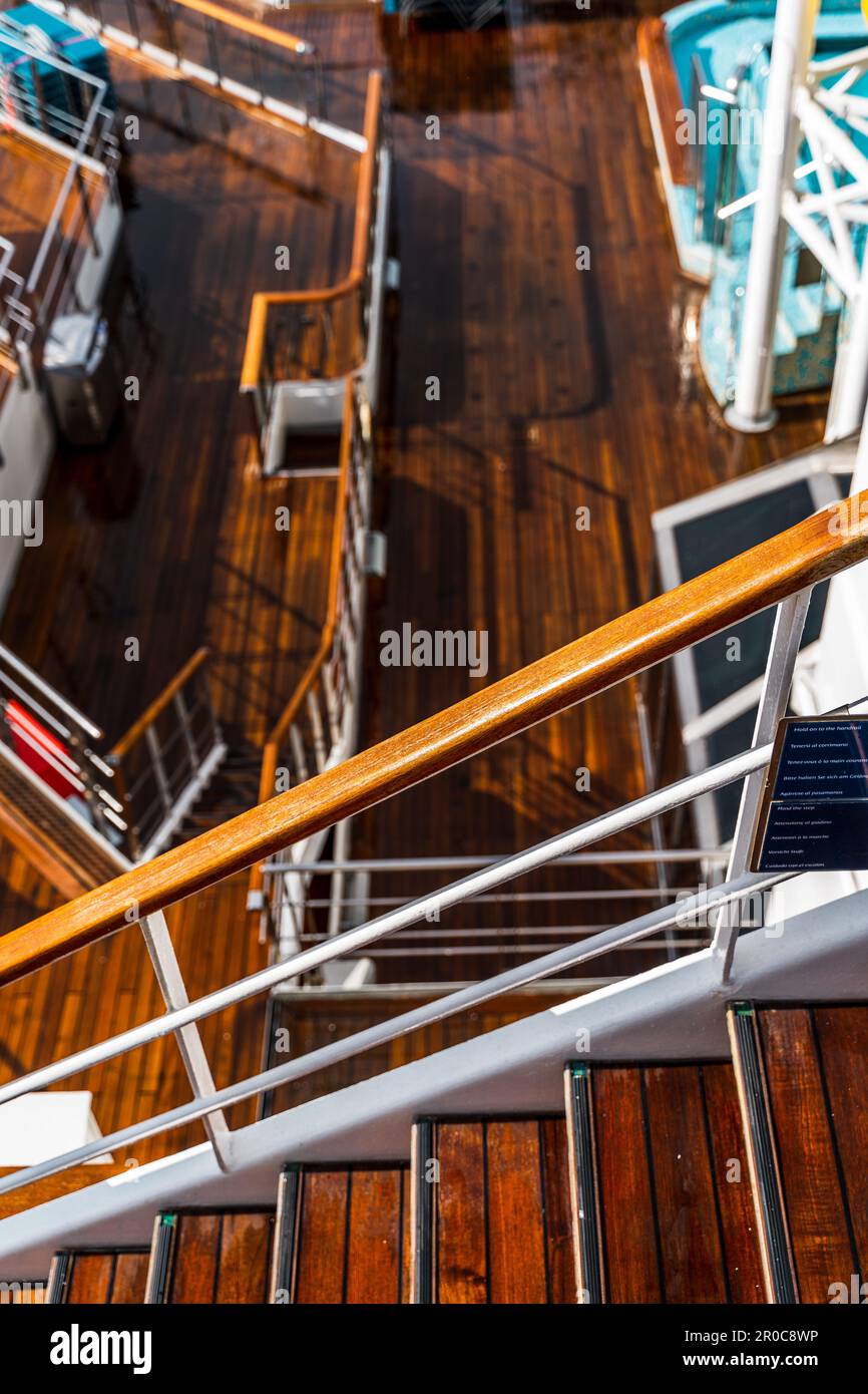 complex of wooden stairs and corridors on the deck of a cruise ship ...