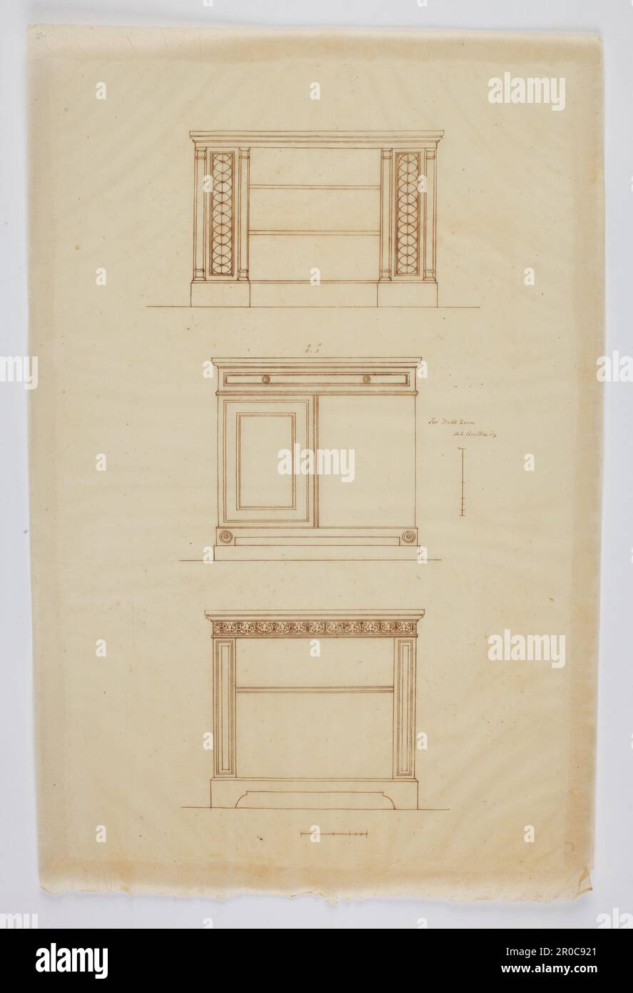 Wilkinson Tracing, Designs for three cabinets or bookcases. One of the pieces is annotated 'For ...