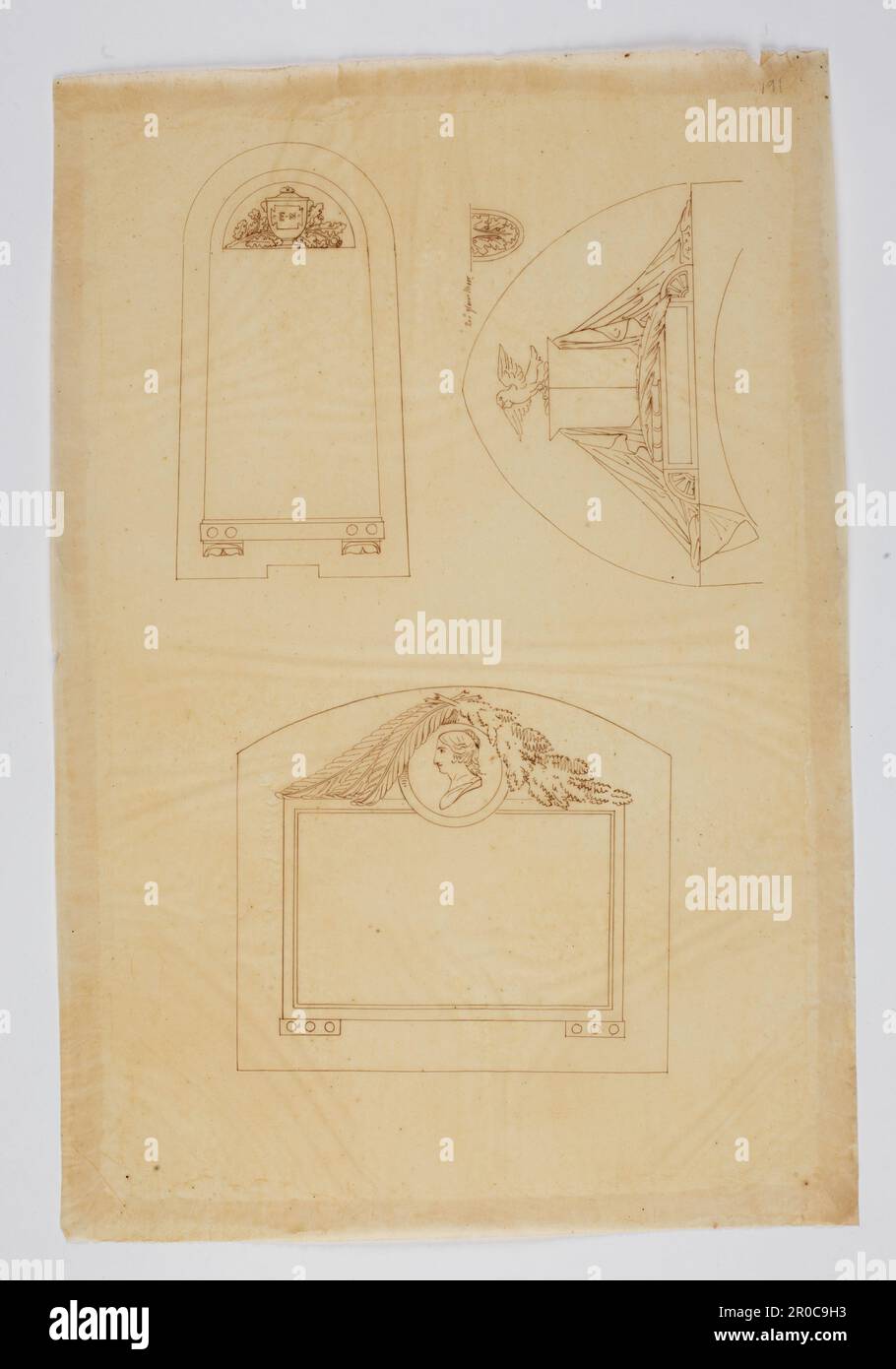 Wilkinson Tracing, Three designs for memorials, 1820. Ink on tracing ...