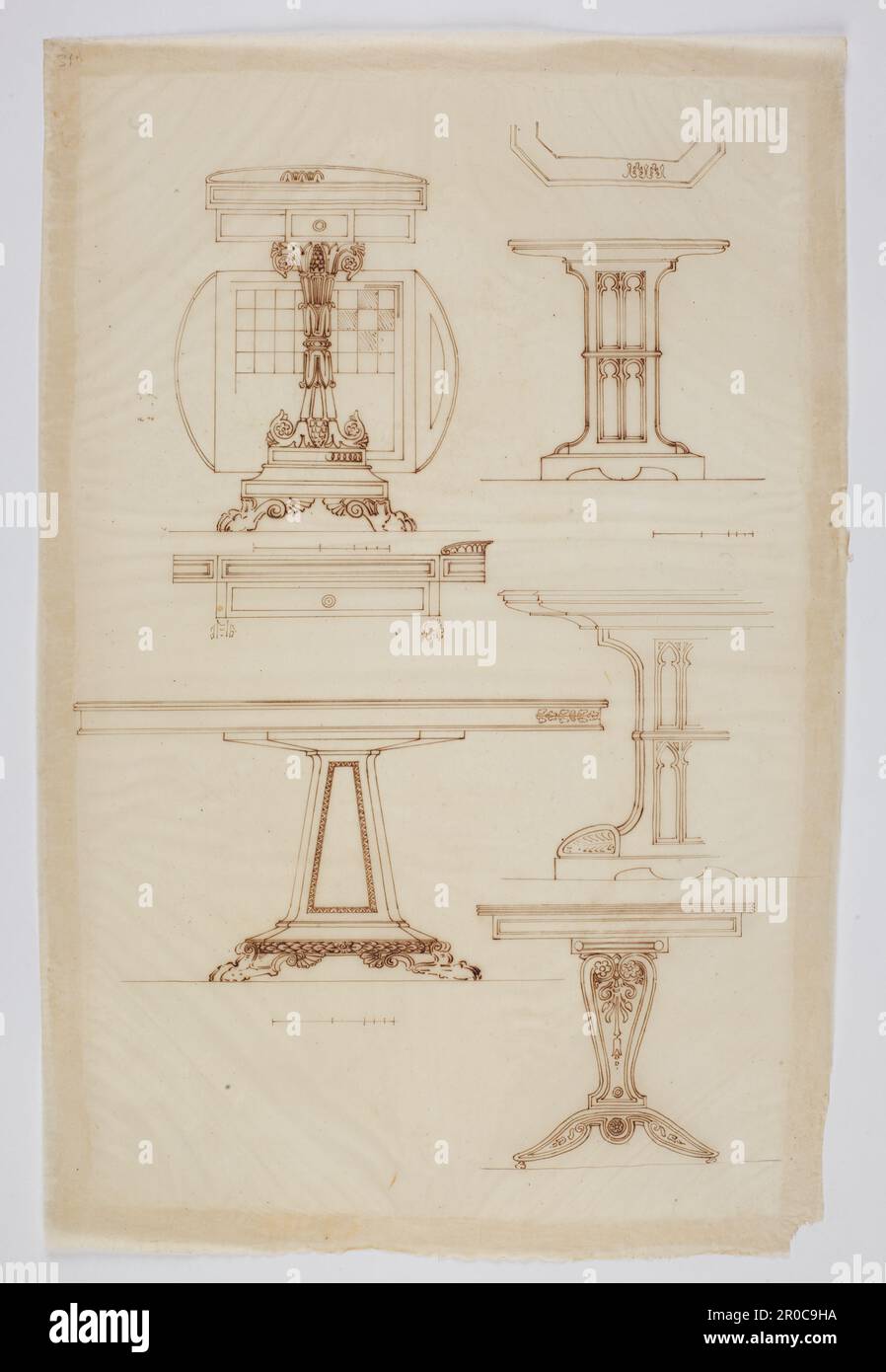 Wilkinson Tracing, Designs for five tables, 1820. Ink on tracing paper ...