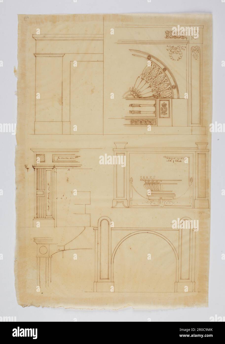 Wilkinson Tracing, Six designs for fire surrounds and grates, 1820. Ink ...