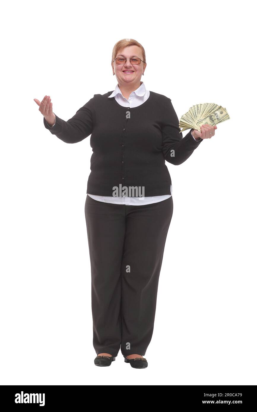 Mature lady holding a bunch of 100-dollar bills with surprised facial ...