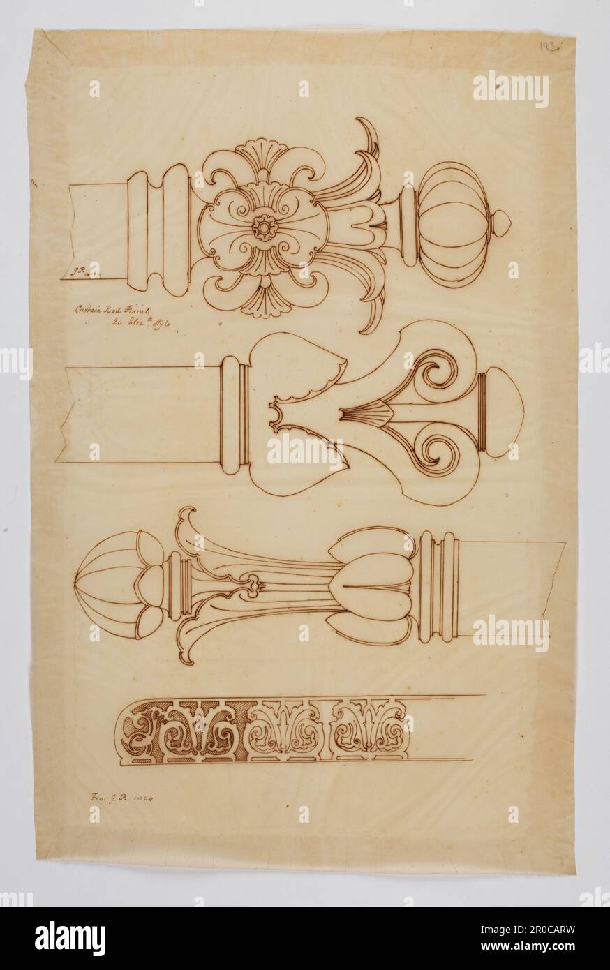 Wilkinson Tracing, Design for three curtain rod finials and inlaid ...