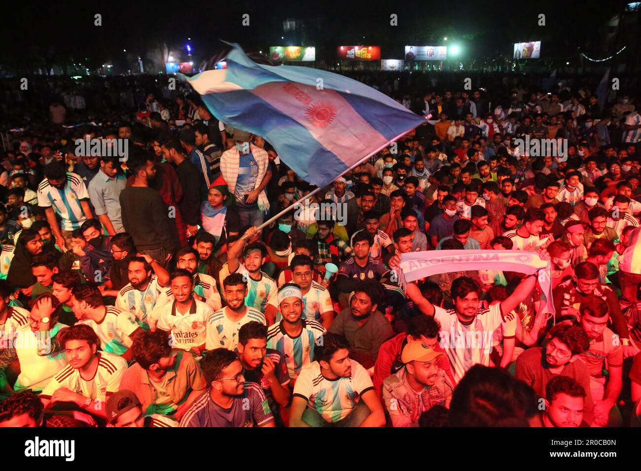 Crazy Argentina football fans of Bangladesh watching Argentina and Poland match at Dhaka ...