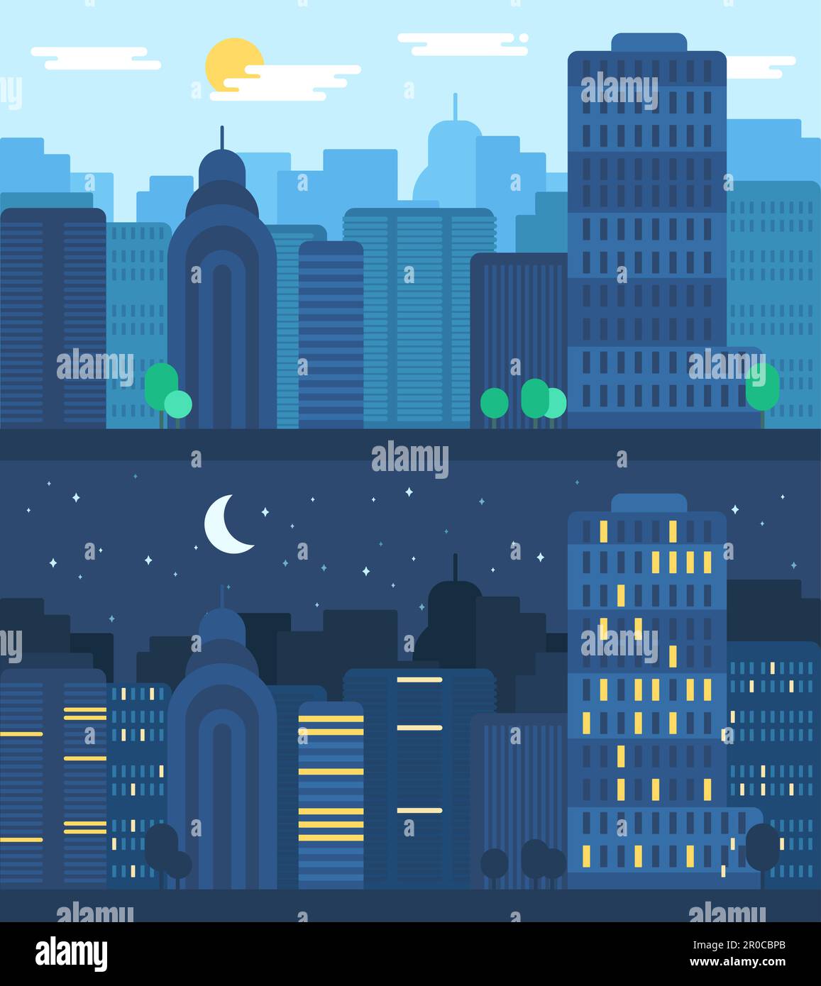 Day and Night City Life Concept. Town street. Urban Landscape Banner ...