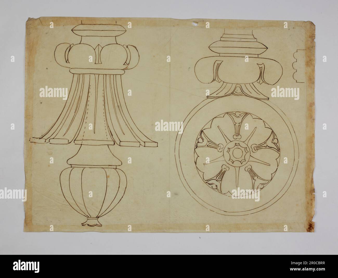Wilkinson Tracing, Two designs for curtain rod finials, 1820. Ink on ...