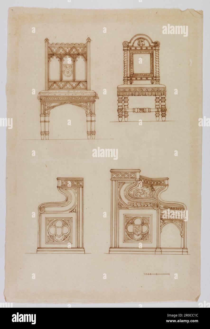 Wilkinson Tracing, Design for two chairs and a pew, 1820. Ink on ...