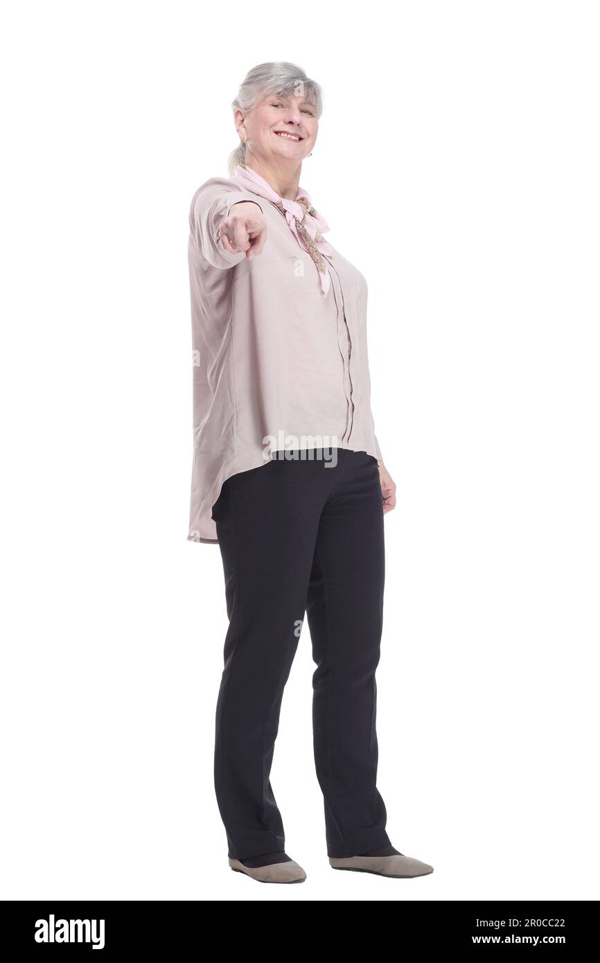 smiling old lady pointing at you. isolated on a white background Stock ...