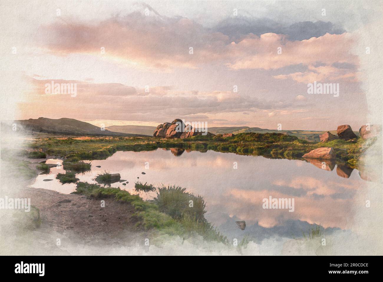 Digital watercolor painting of Doxey Pool reflections at sunset on The ...