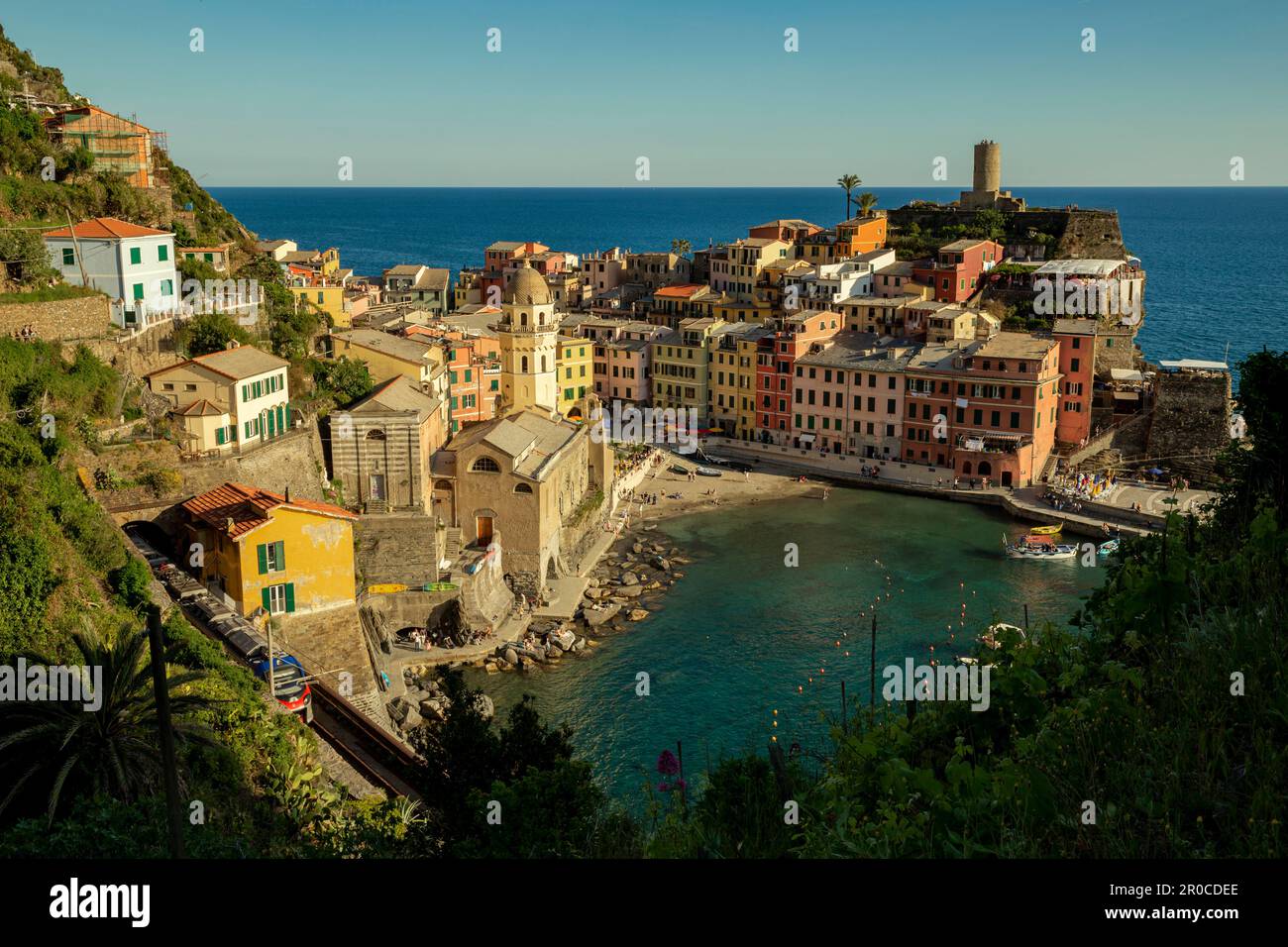 Panorama of Vernazza town in Cinque Terre with train, Liguria, Italy ...