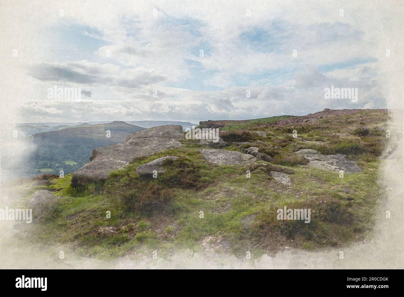 Digital watercolour painting of the view from Bamford Edge looking ...