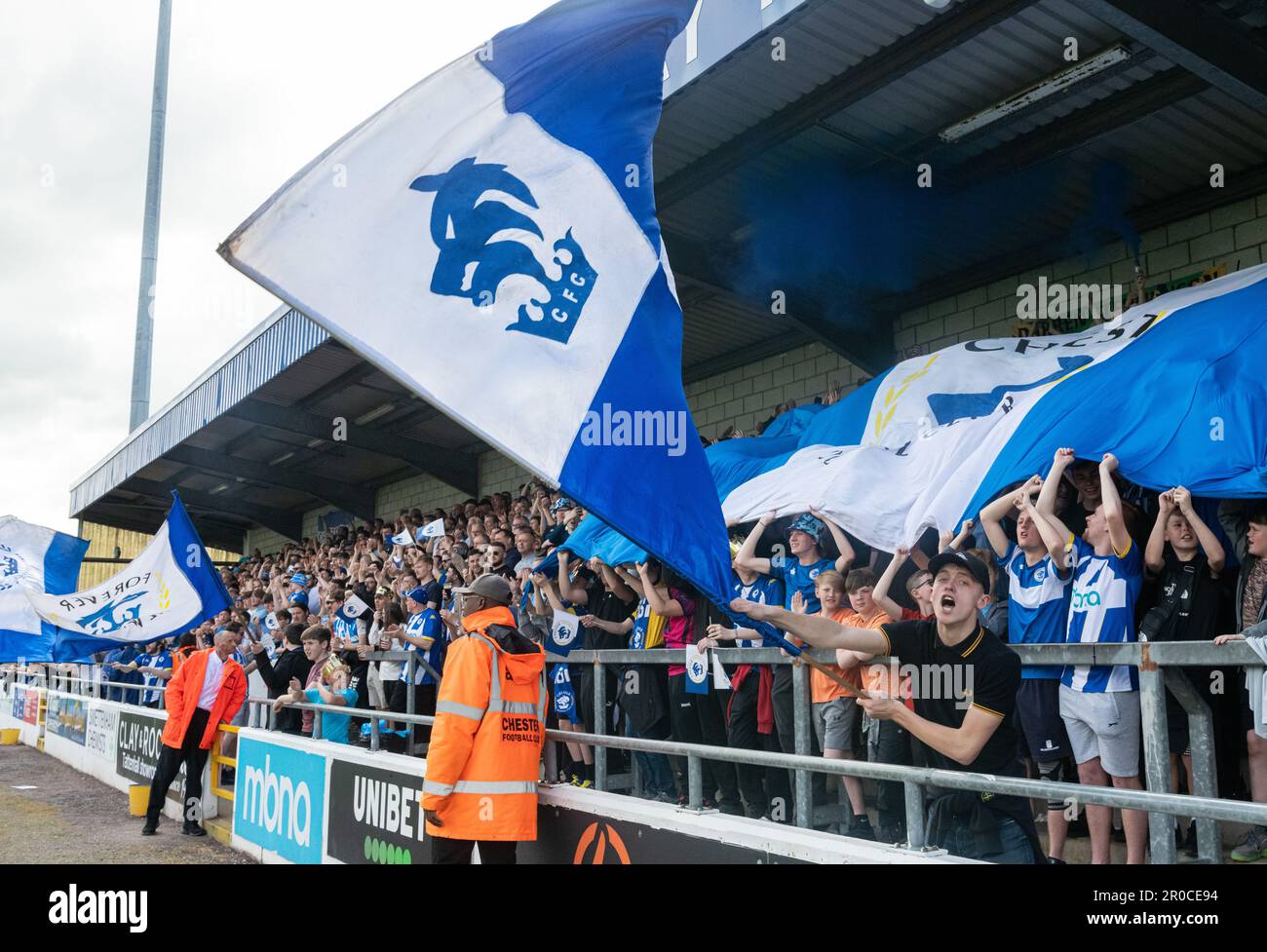 Deva Stadium, Chester, Cheshire, England, 7th May 2023. Chester fans in ...