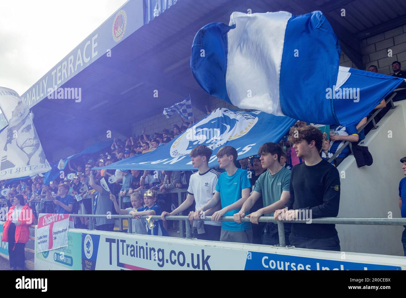 Deva Stadium, Chester, Cheshire, England, 7th May 2023. Chester fans in ...