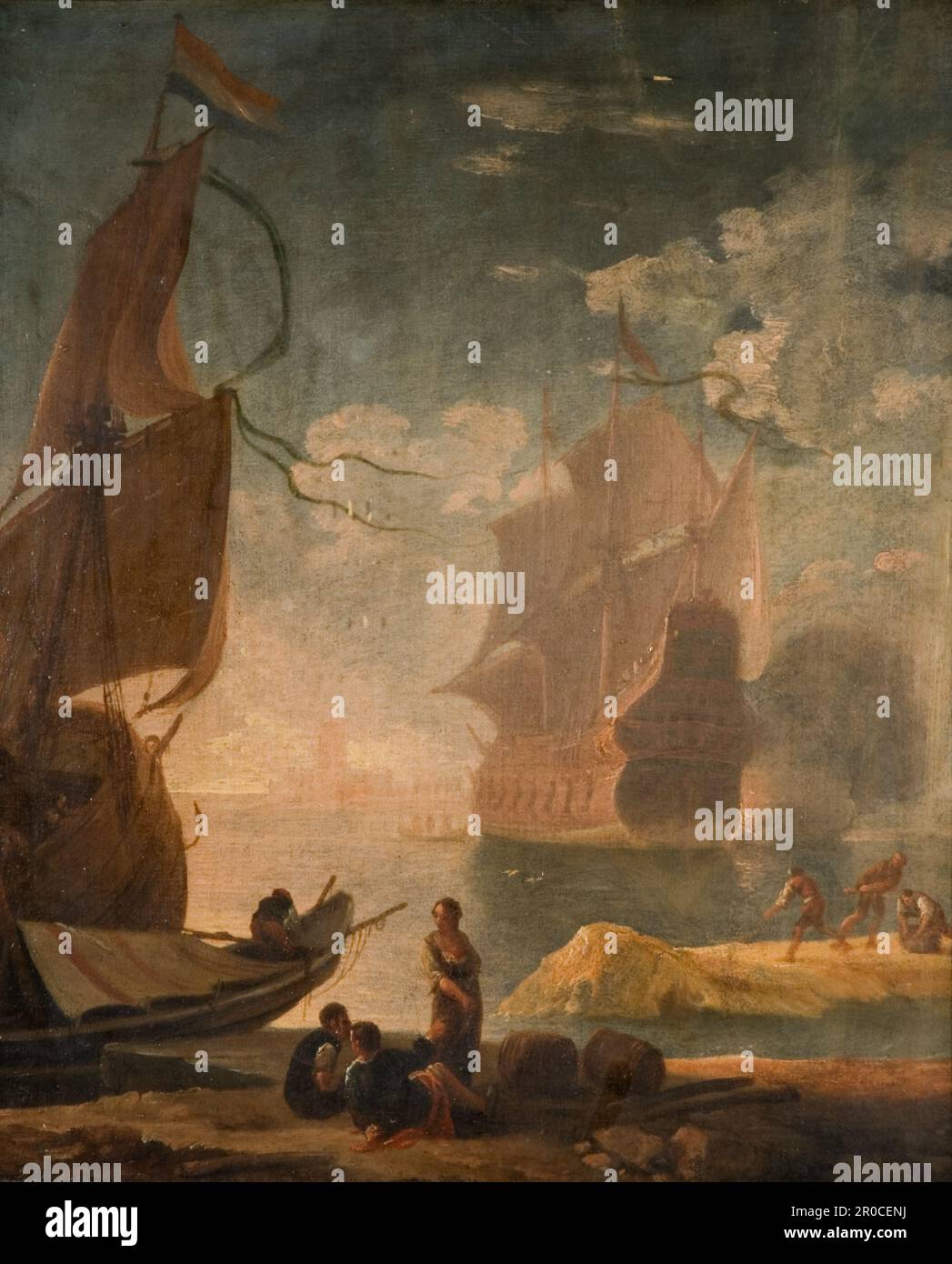 Harbour Scene With Man-Of-War And Figures On A Quay, 1825. School of ...