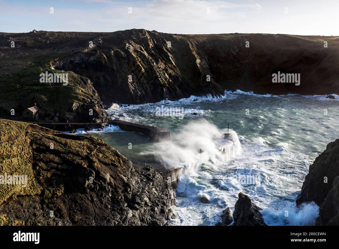 Mullion Cove; Storm; Person Covered by Waves; Cornwall; UK Stock Photo ...