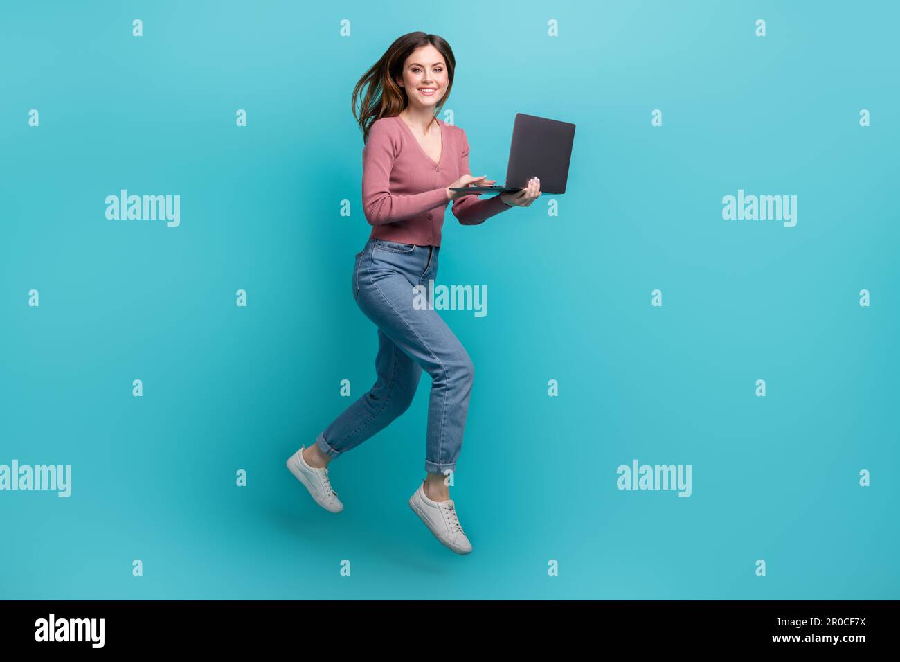 Full body size photo of steps running jump hurry girl much business ...