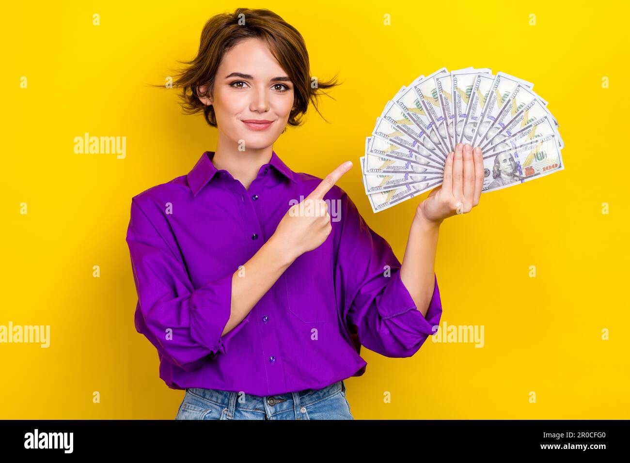 Photo portrait of lovely young lady point money banknotes fan wear ...
