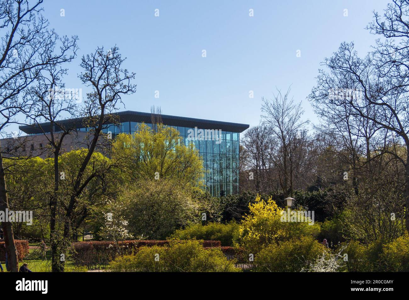 Modern glass facade of city library in park in Malmö Sweden during ...