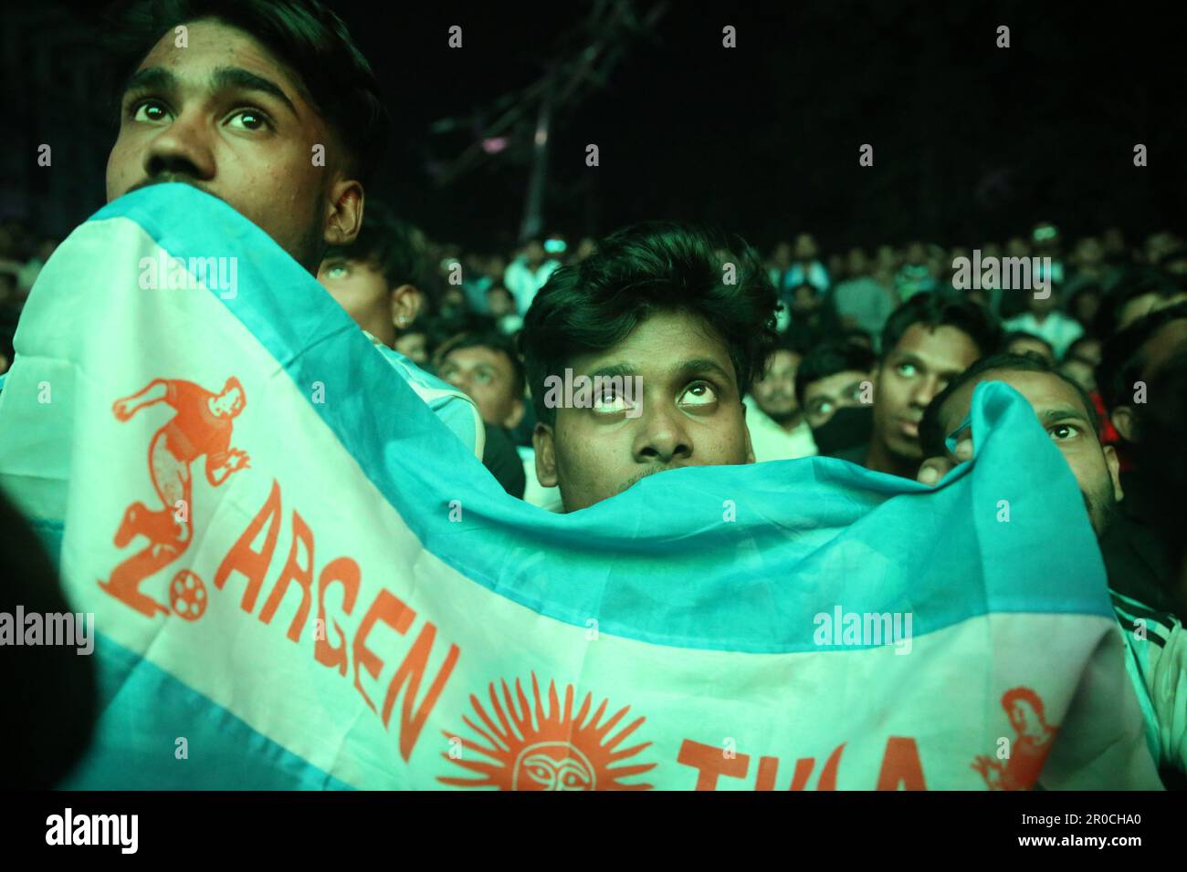 Crazy Argentina football fans of Bangladesh watching Argentina and Poland match at Dhaka ...