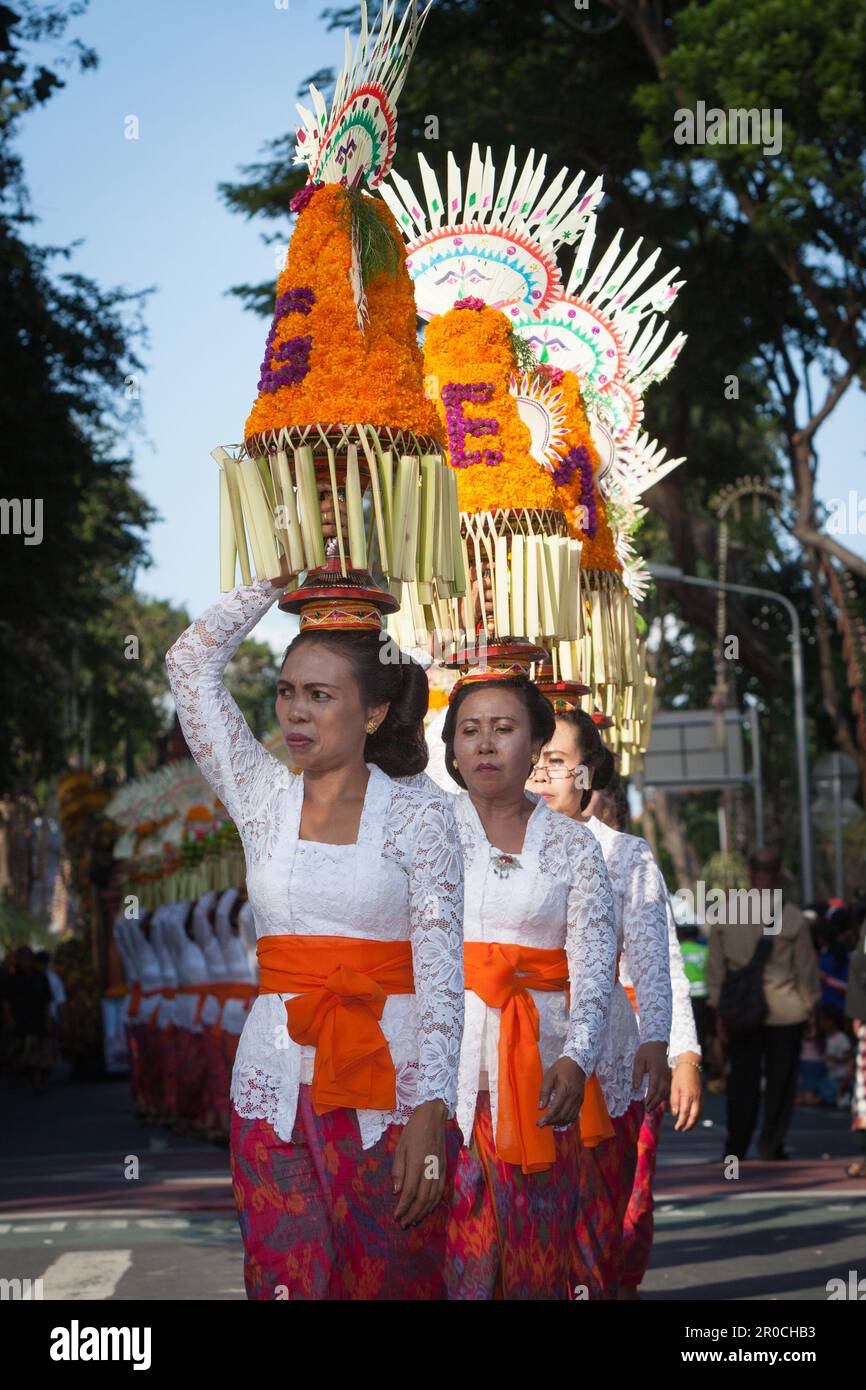 Denpasar, Bali island, Indonesia - June 11, 2016: Procession of ...