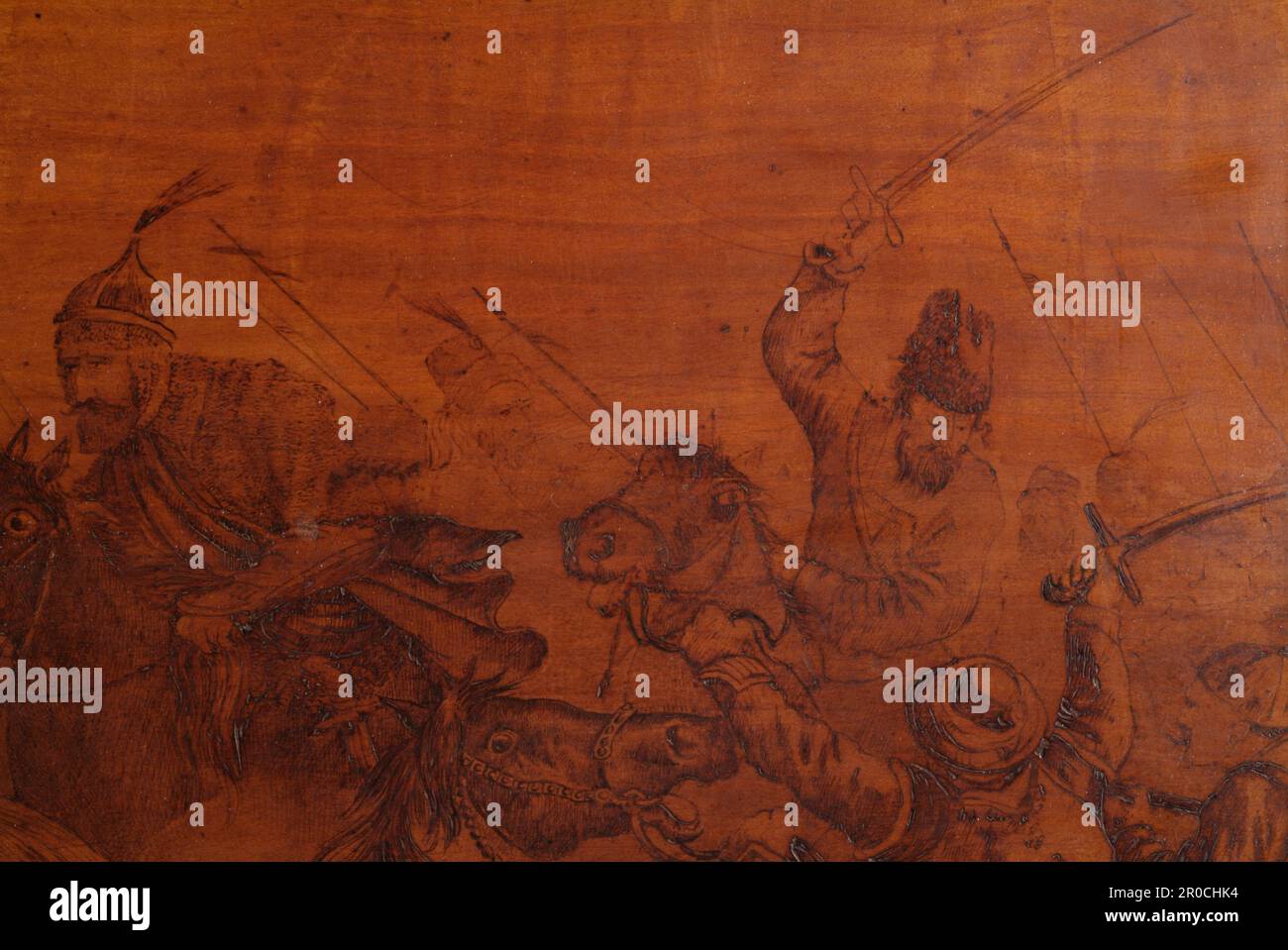 Pyrography Picture Panel - Asiastic Battle Scene, 1800-1850. Pinto ...