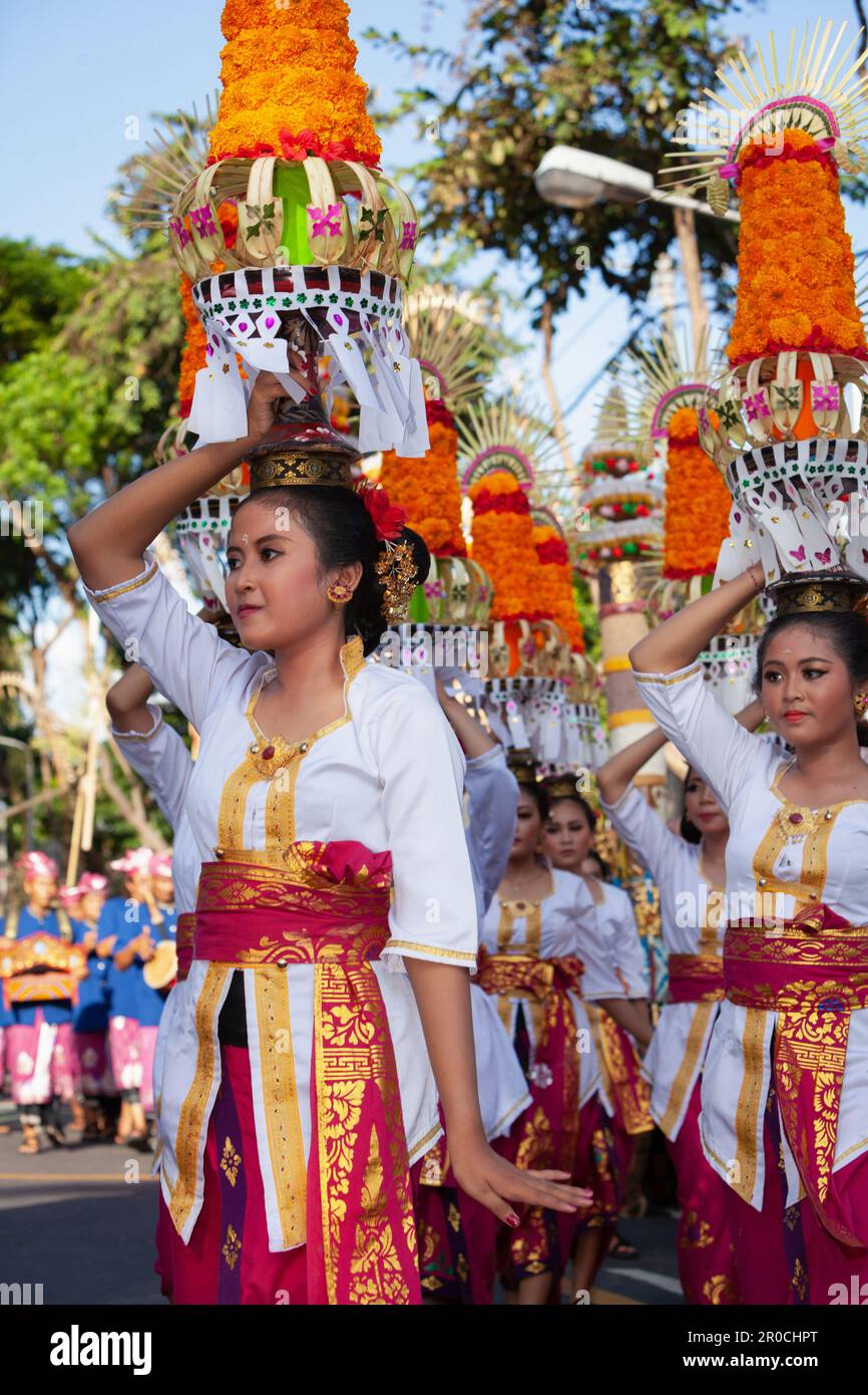 Denpasar, Bali island, Indonesia - June 11, 2016: Procession of ...